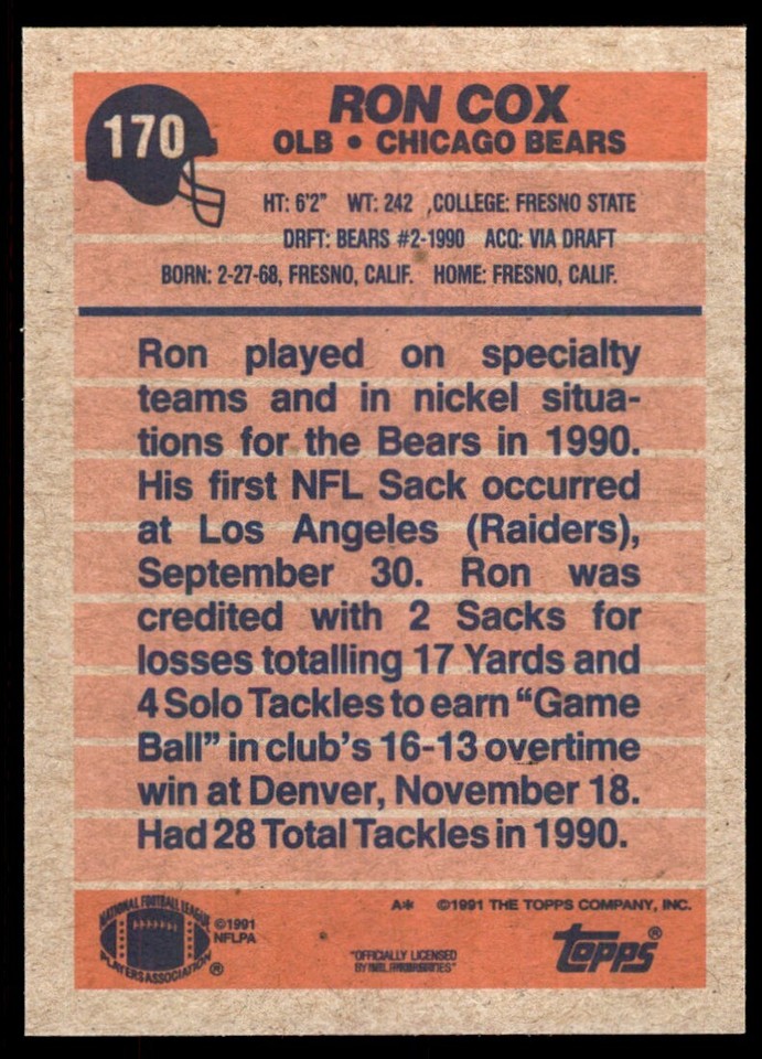 1991 Topps Ron Cox Chicago Bears #170 | eBay