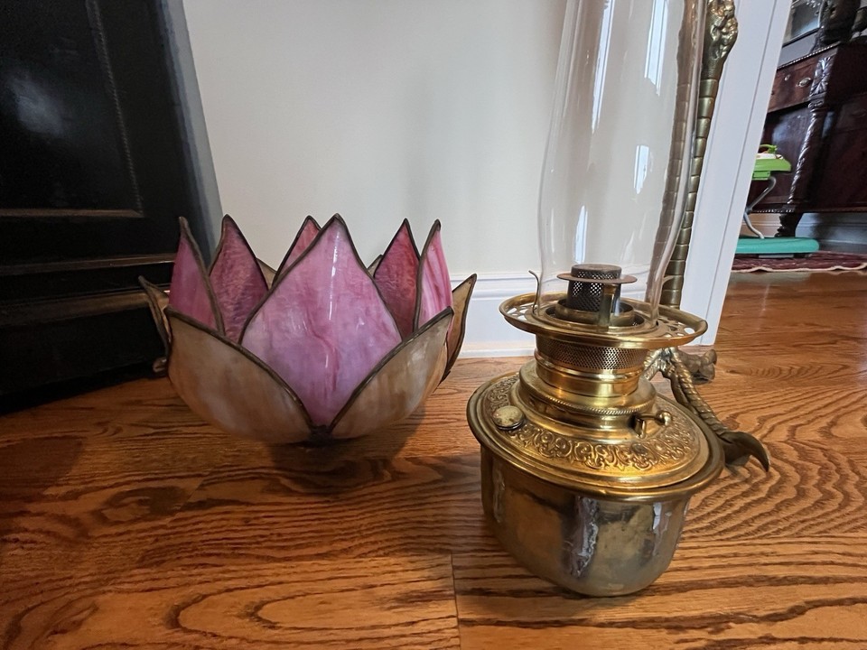 Ostrich Egret Leg Oil Lamp Pierre E. Guerin with Two Color Petal Slag ...