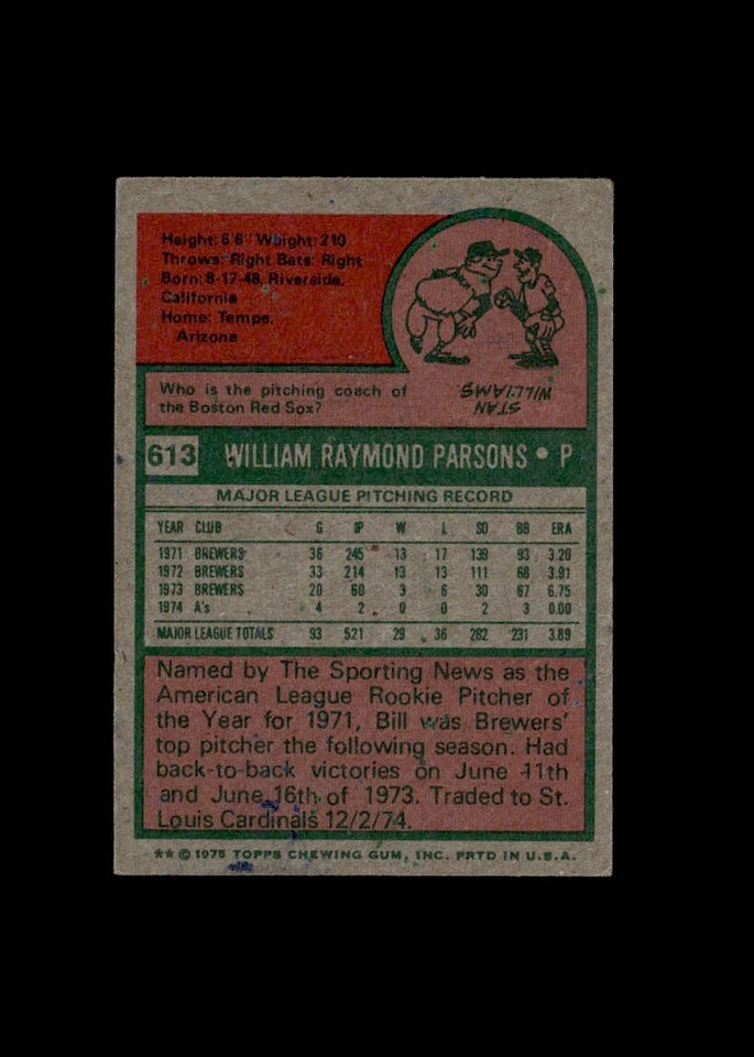 Bill Parsons 1975 Topps Mini Oakland A's authentic autographed card | eBay
