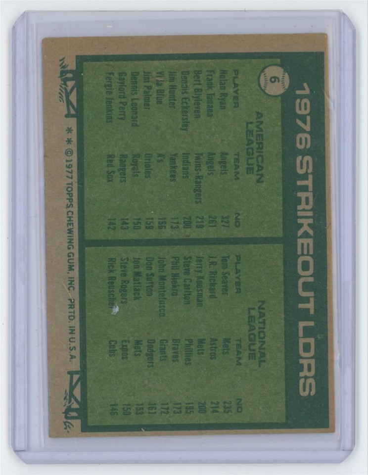 1977 Topps 1976 Strikeout Leaders Nolan Ryan/Tom Seaver . California ...