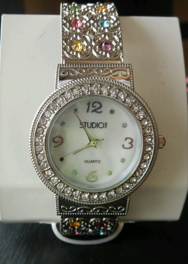 LADIES STUDIO TIME WRISTWATCH METAL BAND FAUX GEMS FLEX CLASP CASUAL ...