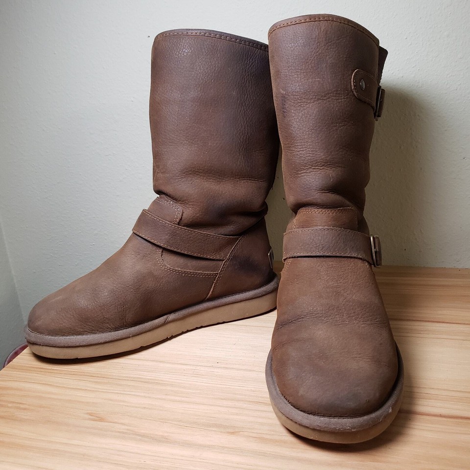 UGG Women's 7 Kensington Double Buckle Moto Boot Brown Leather Sherpa ...