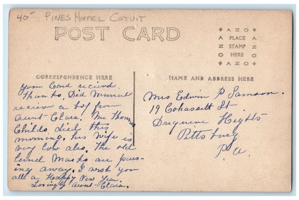 c1910's Pines Hotel View Cape Cod Cotuit Barnestable MA RPPC Photo ...