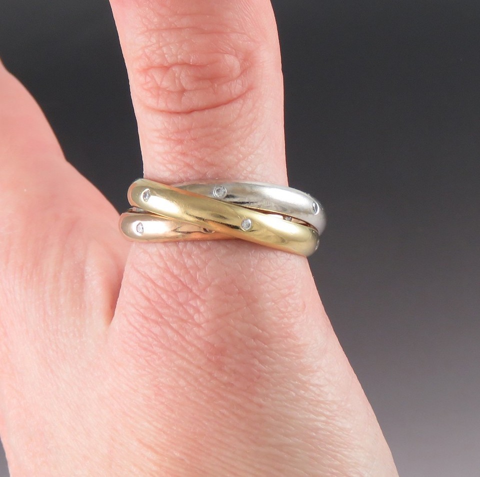 Cartier 18K White Yellow Rose Gold 18 Diamonds Trinity Rolling Band ...