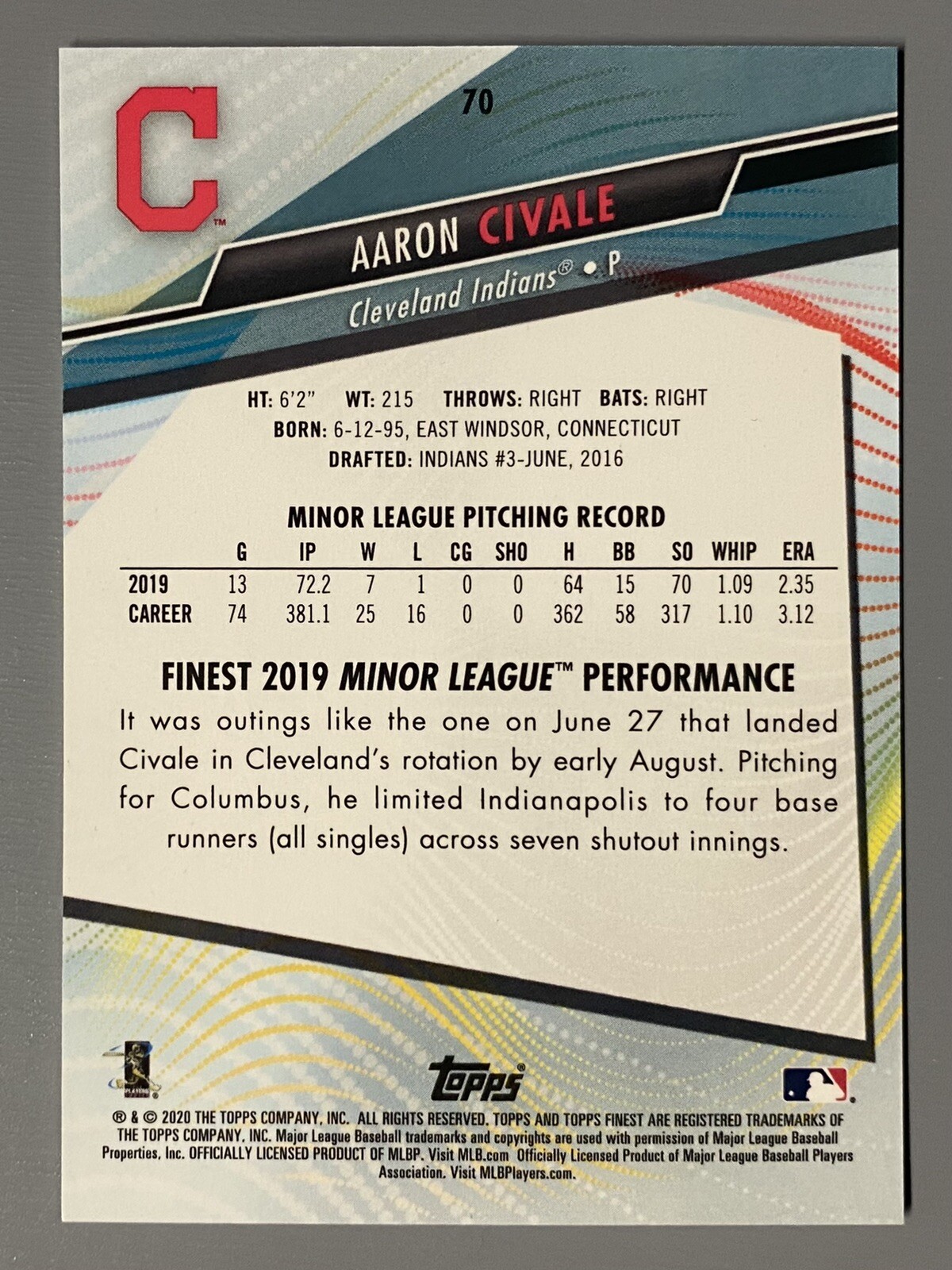 2020 Topps Finest Aaron Civale Purple Refractor 142/250 Rays #70 Rookie ...