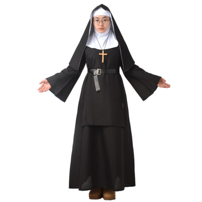 Women's Traditional Black Nun Dress Halloween Party Cosplay Adult Nun ...