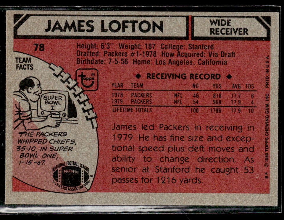1980 Topps #78 James Lofton Football Card 2902H | eBay
