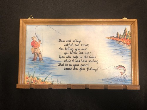 Vtg 1985 Cute Poem Brown Wooden Hanging Fishing Rod Decor Holder | eBay