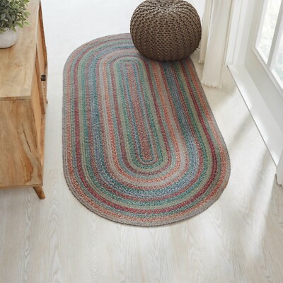 Multi JUTE RUG Oval 36x72 Country Primitive Deep Olive Coral Creme VHC ...
