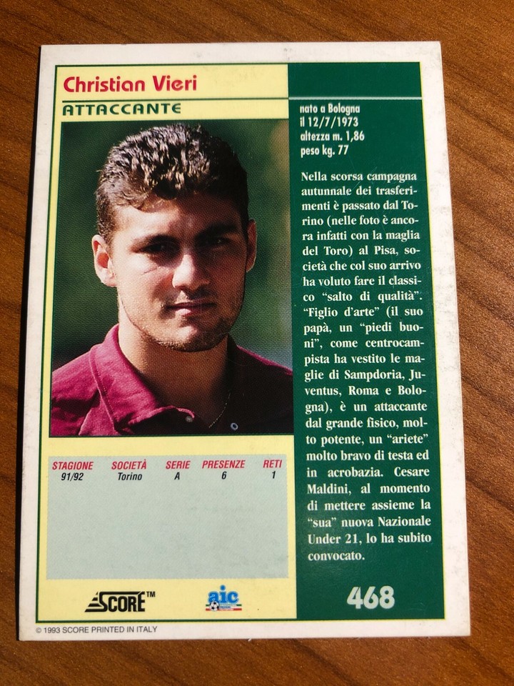 Christian Vieri Rookie Score 1992 Torino card #468 MINT CONDITION | eBay