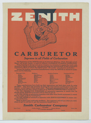 1919 Zenith Carburetors Ad: List of Autos & Airplanes as Original ...