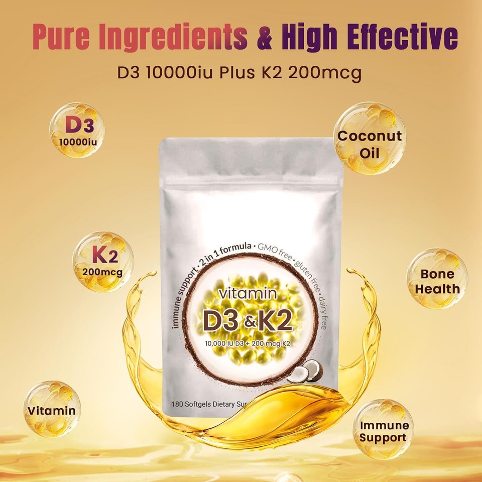 Vitamin D3 K2 Softgel Capsules Extra Strength D3 K2 Supplements with ...