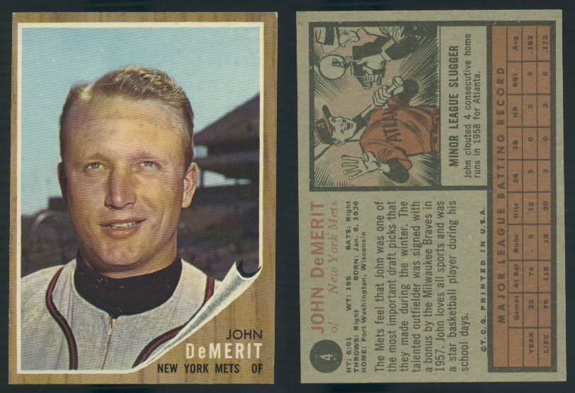 (52680) 1962 Topps 4 John DeMerit Mets-NM | eBay