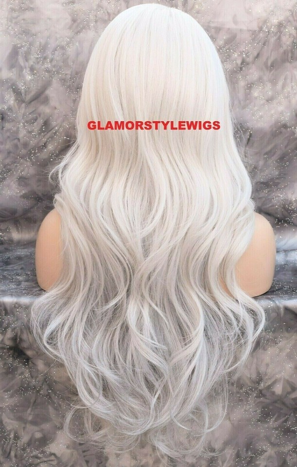 LACE FRONT FULL WIG LONG STRAIGHT SIDE PART OFF WHITE SILVER GRAY MIX ...