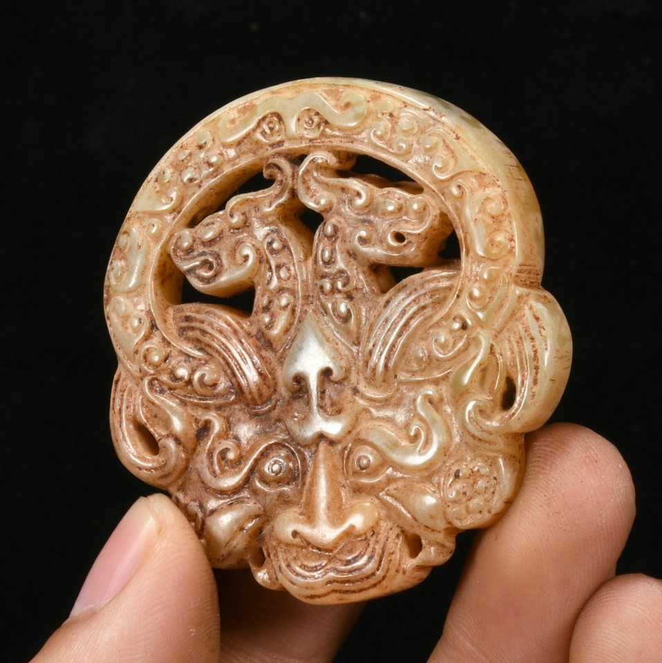 2.1'' China Dynasty Old Jade double Dragon Beast Face Yubi Yu Bi Amulet ...