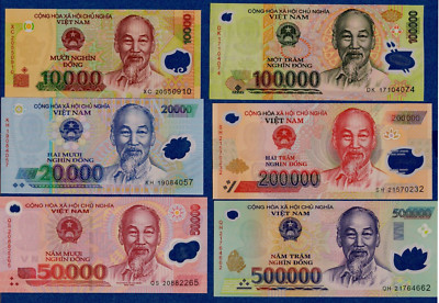 Vietnam Set of 6 Polymer Notes 10,000 to 500,000 Dong (880K DONG ...