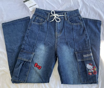 NWT High Street Hello Kitty Bow Cargo Fashion High Waist Jeans Pleated ...