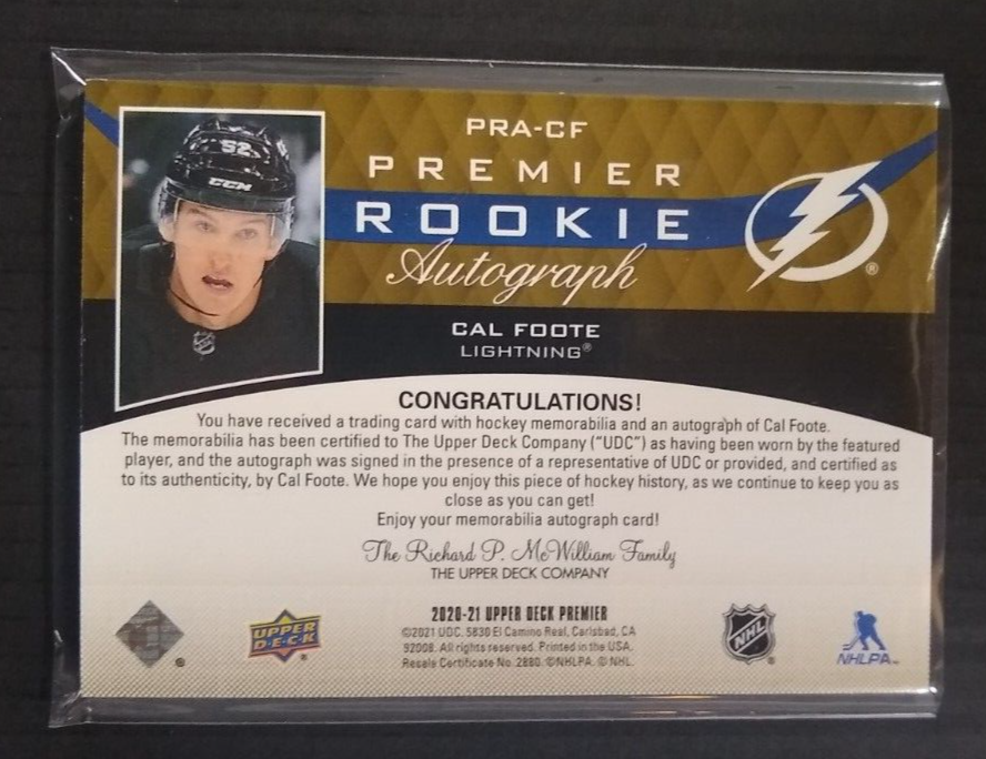 2020-21 Upper Deck Premier Cal Foote Rookie Auto Patch #ed 11/15 ...