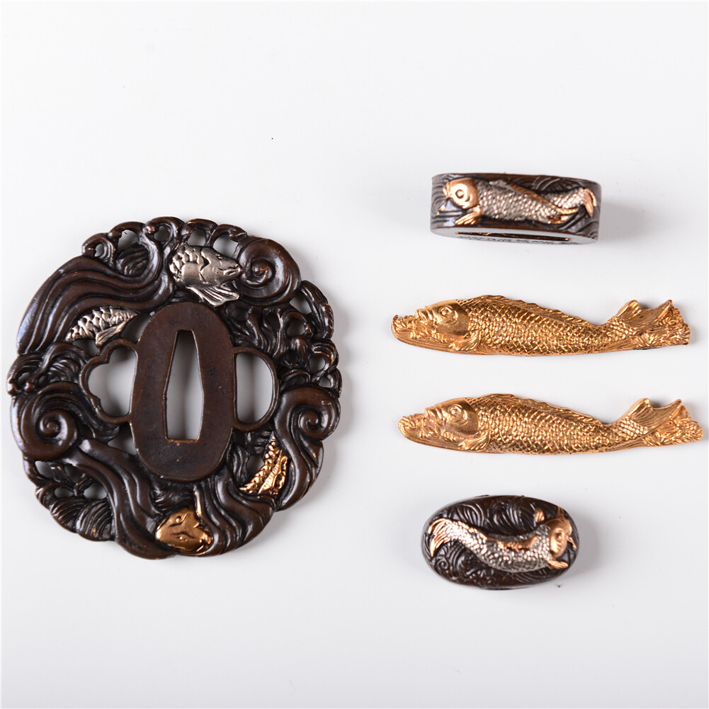 Koi Fish Brass Tsuba Menuki Fuchi Kashira For Japanese Katana Wakizashi ...