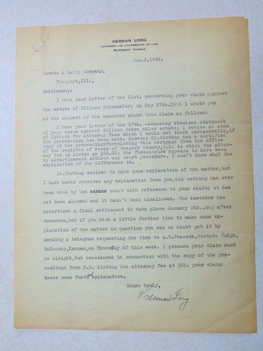 Herman Long Attorney WaKeeney Kansas KS 1928 Vintage Letterhead MBB42 ...