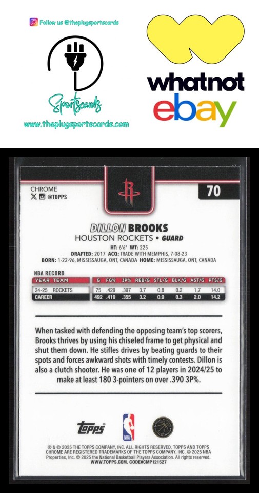 2025-26 Topps Chrome #70 Dillon Brooks Pulsar Houston Rockets🔥 | eBay