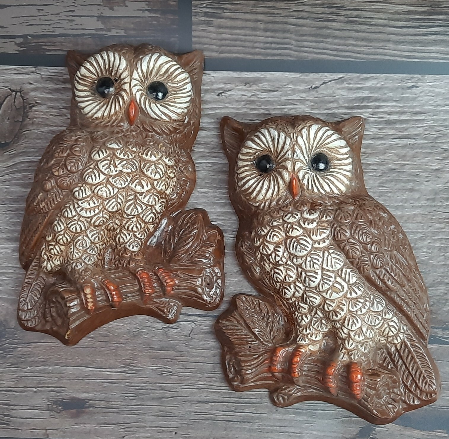 S/2 VTG Owl Wall Decor 1970's Molded Foam Plaques Brown Orange Retro ...