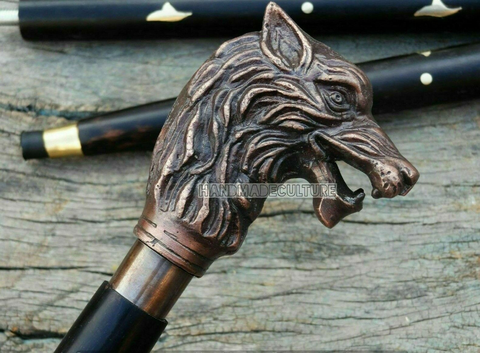 Antique Wolf Head Handle Style Wooden Walking Stick H… - Gem