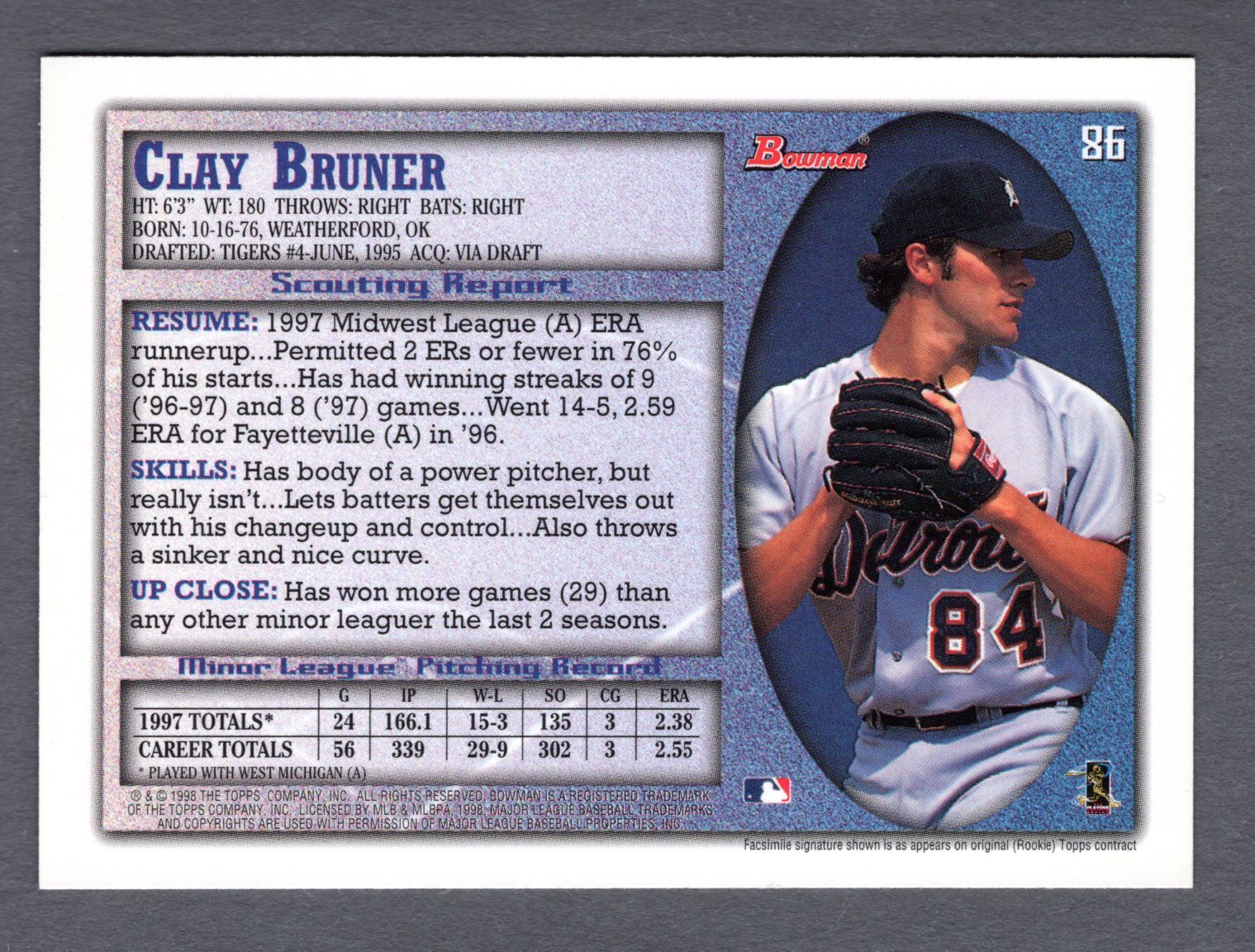 1998 BOWMAN CLAY BRUNER CARD #86 **NM-MT** DETROIT TIGERS | eBay.de