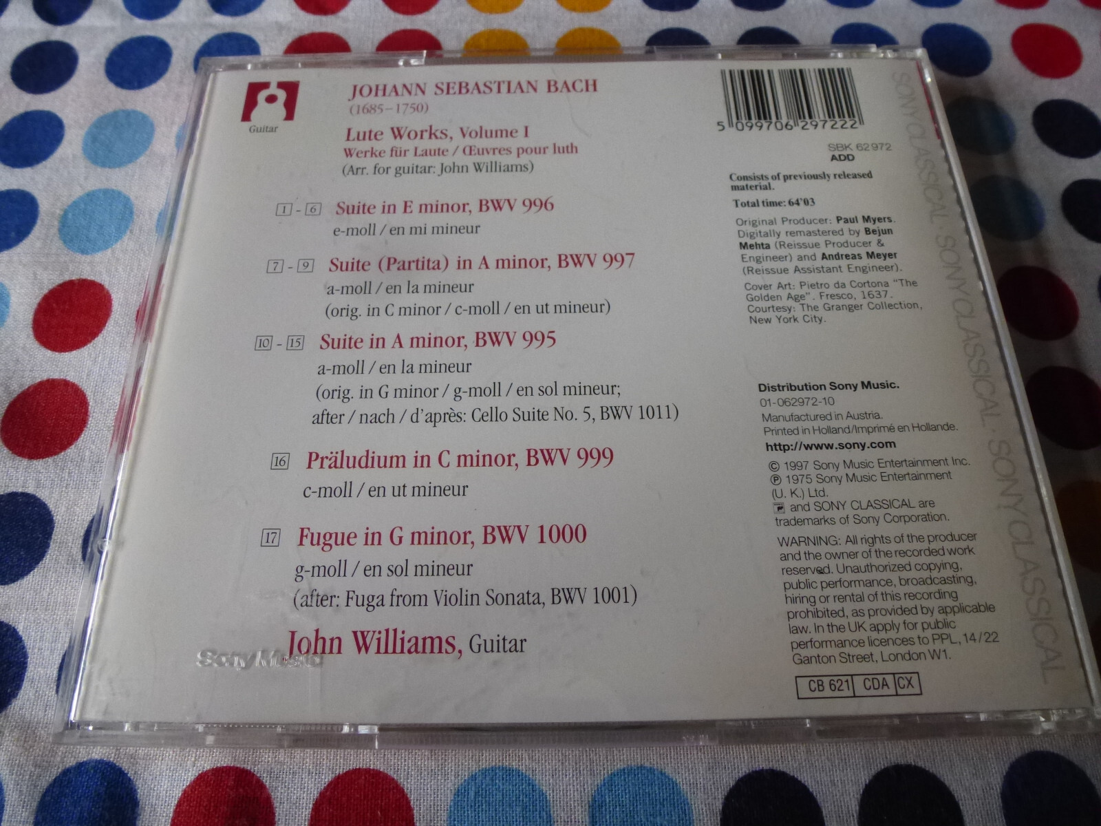 BACH LUTE SUITES JOHN WILLIAMS 1975 RECORDING 1997 SONY CD ALBUM | eBay