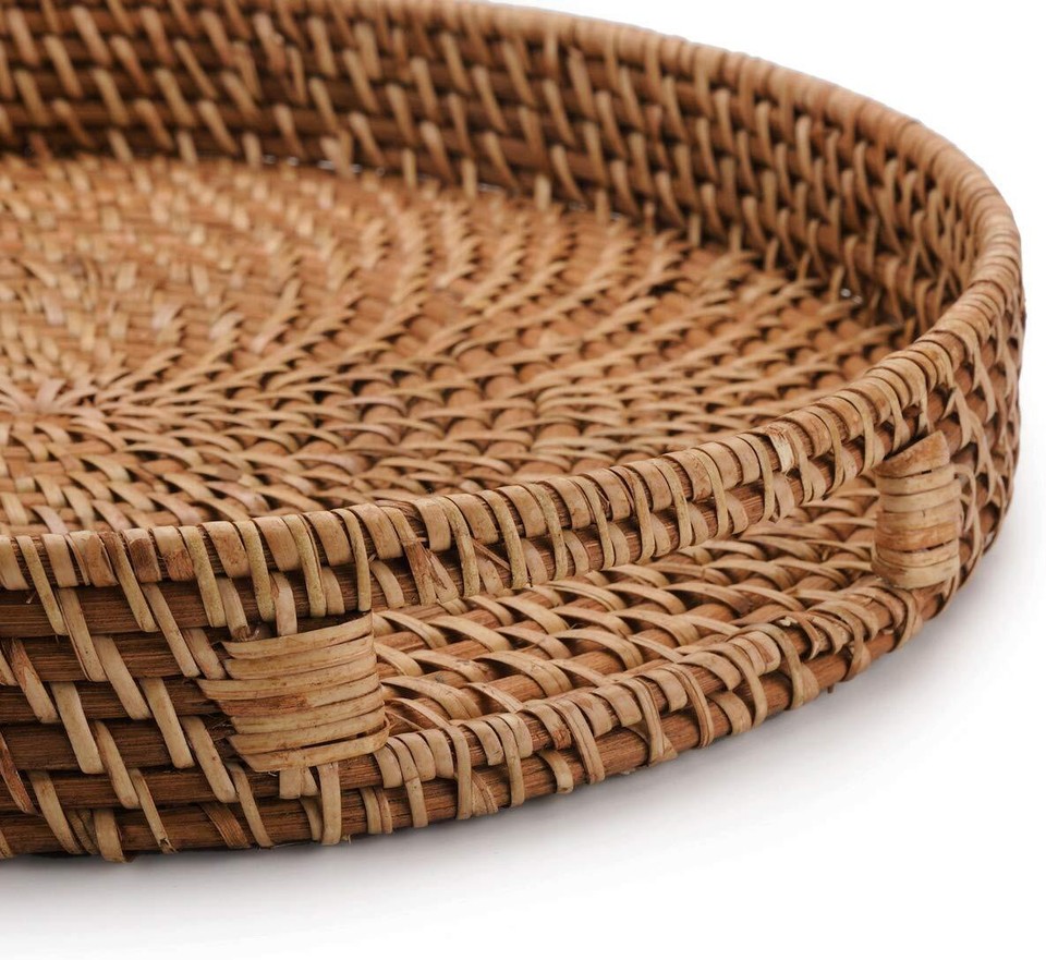 13.8 Inch Rattan Tray Round Wicker Tray With Cutout Handles Woven ...