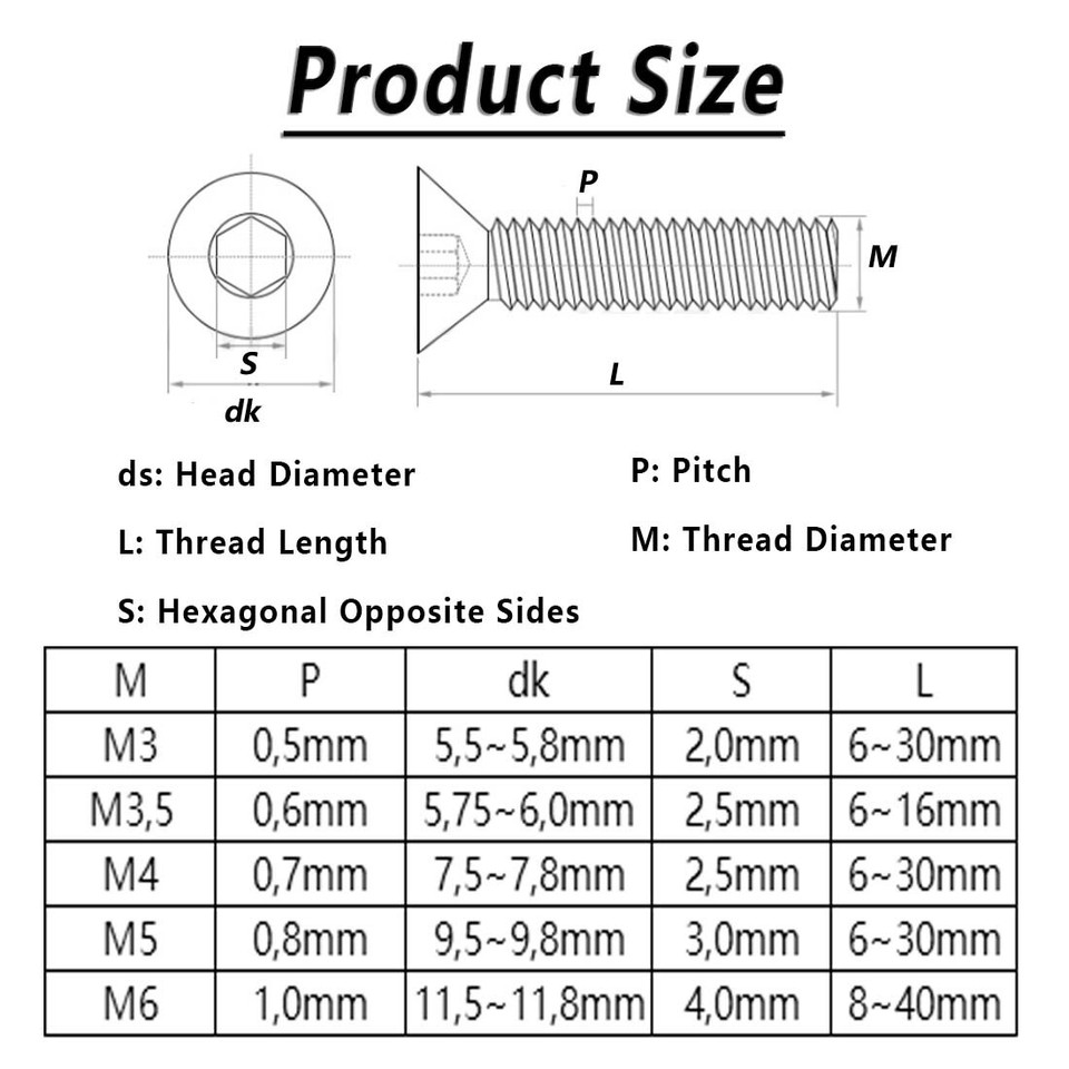 M3 M3.5 M4 M5 M6 Socket Countersunk Screws Anodization Bolts CSK Allen ...