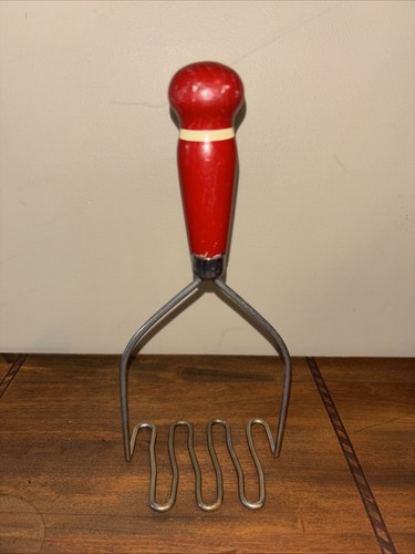 VINTAGE! Kitchen Utensil Potato Masher Red Handle With Stripe Rustic | eBay