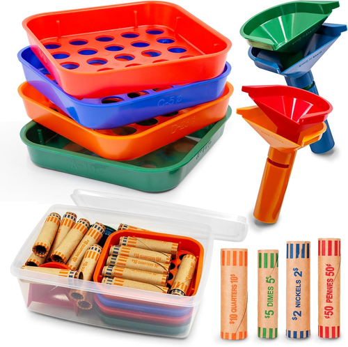 Coin Sorter Tube & Coin Sorter Tray - 4 Color Coded Coin Separator ...