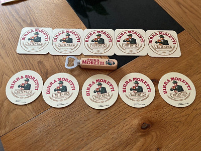NEW BIRRA MORETTI WOODEN BOTTLE OPENER PLUS 10 BEER MATS 2 DIFFERENT ...