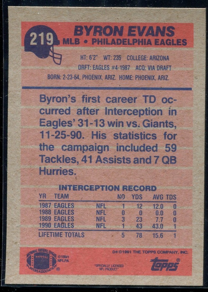 1991 Topps Football Byron Evans #219 Philadelphia Eagles | eBay