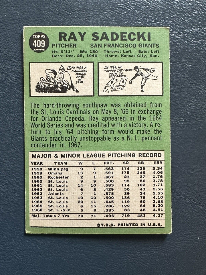 Ray Sadecki - San Francisco Giants - 1967 Topps Baseball - #409 | eBay