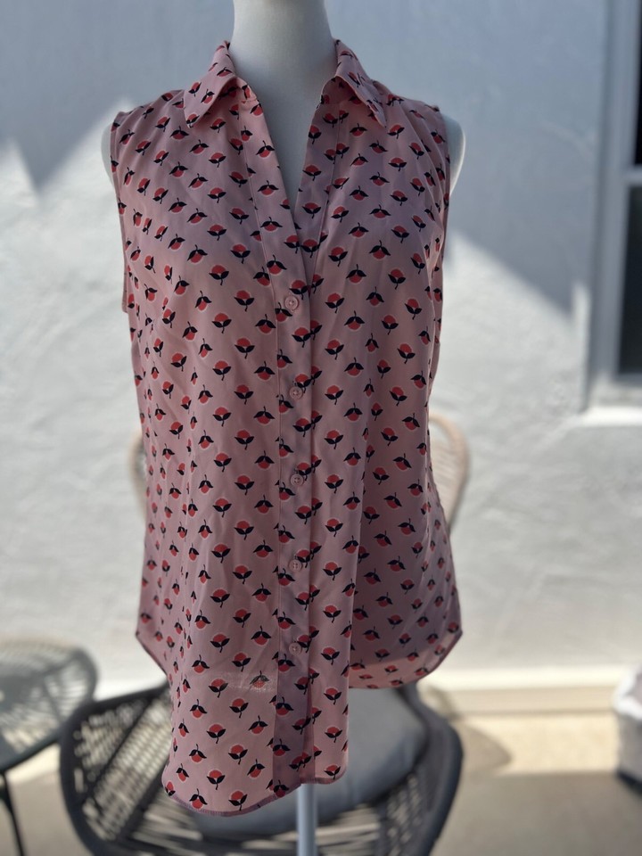 Ann Taylor pink sleeveless polo blouse floral graphic print size SMALL ...