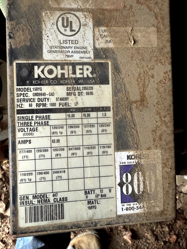 KOHLER 15RYG LP GENERATOR Single Phase 15KW 120V/240V | eBay