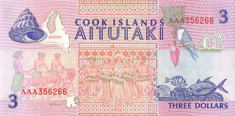 3 Circulated Cook Islands Banknote. 3 Dollars Currency. 3 Dollars 1992 ...