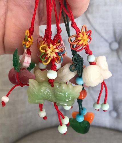 6 VINTAGE CHINESE CARVED GEM LUCKY KNOTS JADE DRAGON LION DOOR TASSEL ...
