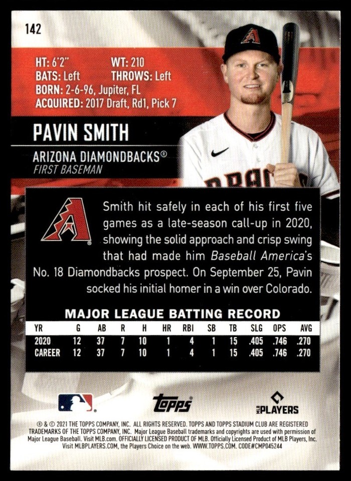 2021 Stadium Club Pavin Smith Rookie Arizona Diamondbacks #142 | eBay