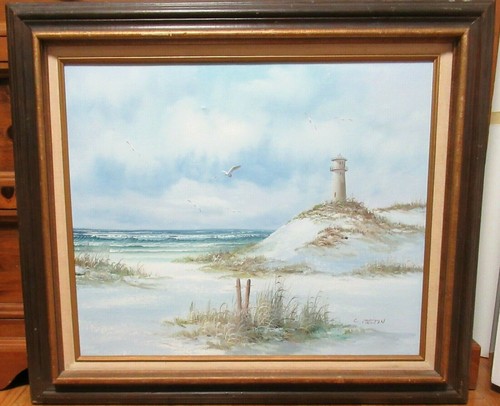C. MELTON OIL ON CANVAS LIGHT HOUSE WHITE SANDS SEASCAPE PAINTING | eBay