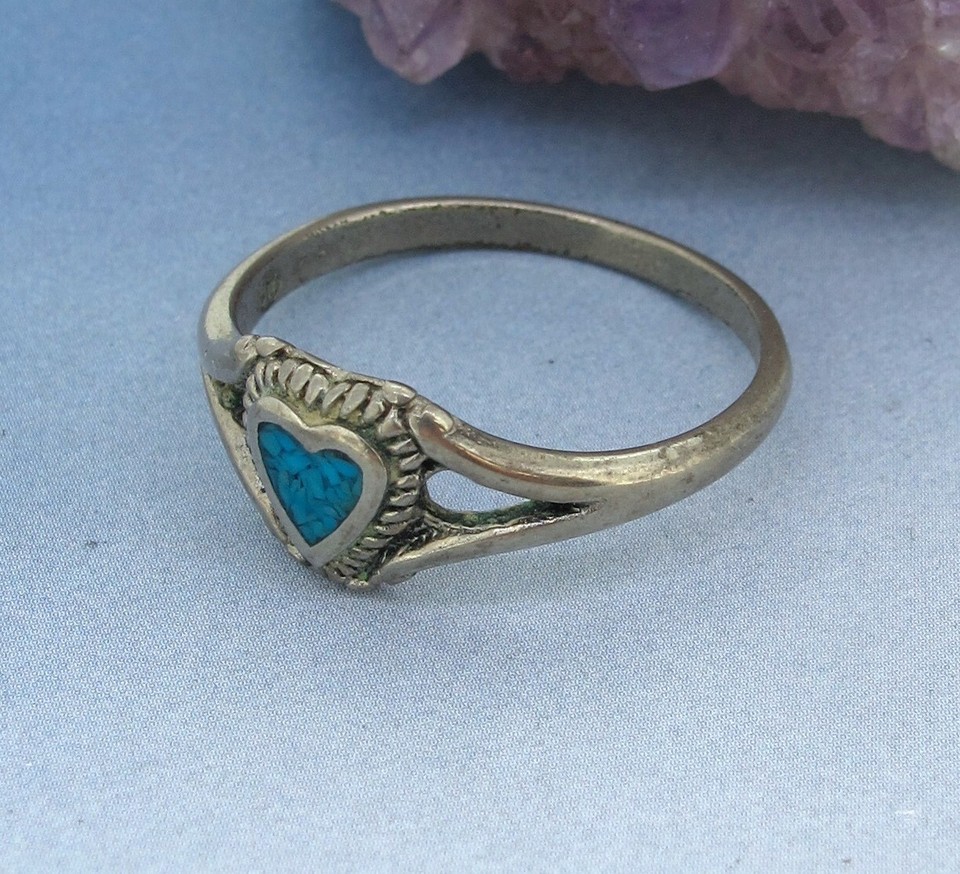 Vintage 925 Sterling Silver Mosaic Turquoise Stone Heart Ring Size 9 | eBay