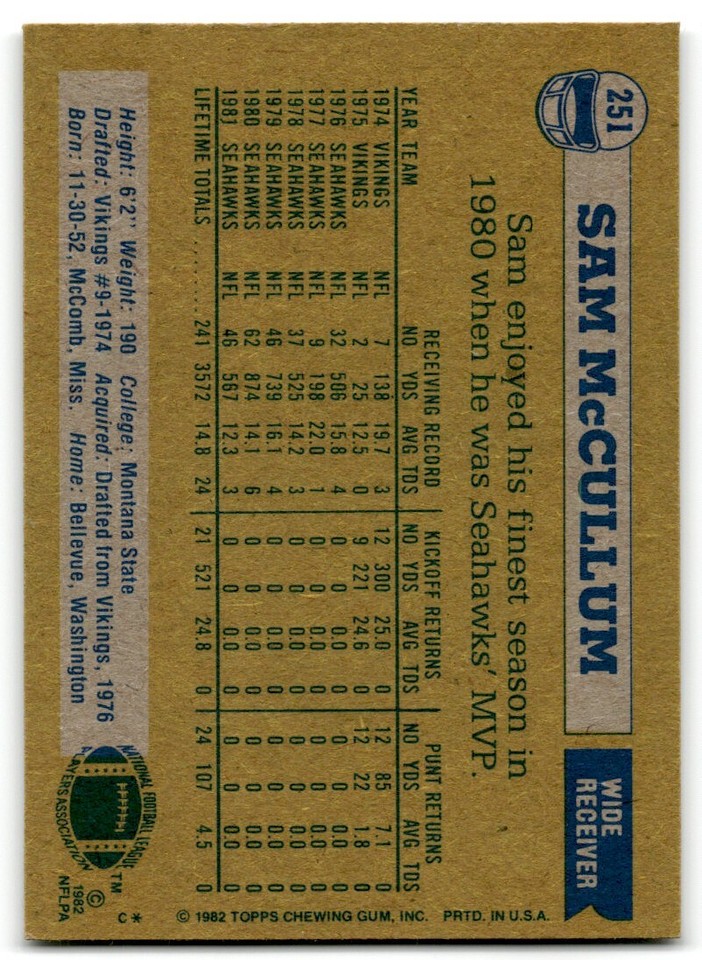 1982 Topps Sam McCullum Seattle Seahawks #251 | eBay