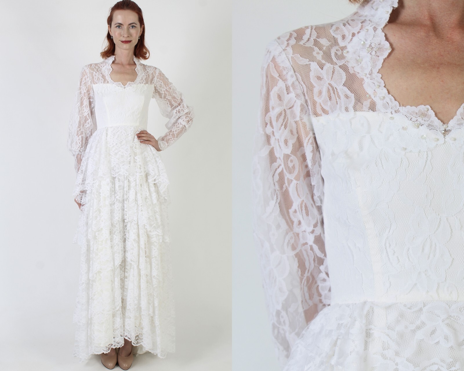 Vtg 70s Tiered Victorian Maxi Gown Train Traditional … - Gem