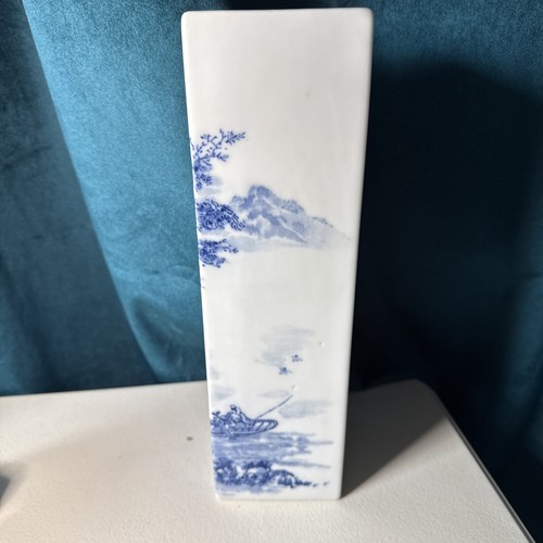 VTG Asian Blue SQUARE VASE SCENIC FISHERMAN POTTERY SIGNED 12" | eBay