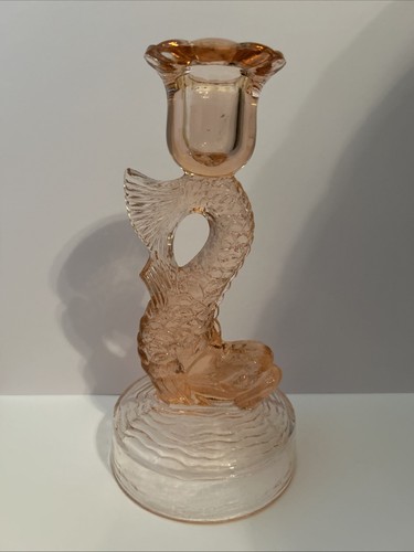 Vintage Pink Glass Dolphin Koi Candle Stick Holder 7”. Round Base | eBay