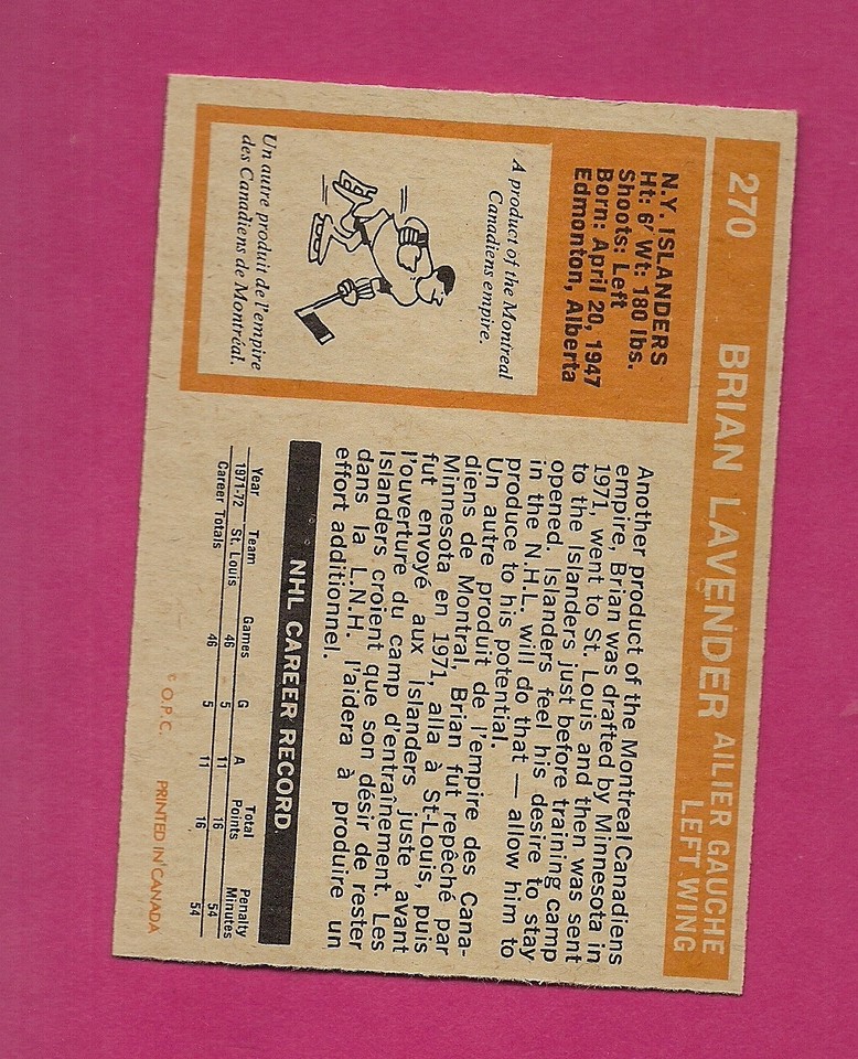 1972-73 OPC # 270 ISLANDERS BRIAN LAVENDER HIGH # ROOKIE NRMT-MT (INV ...