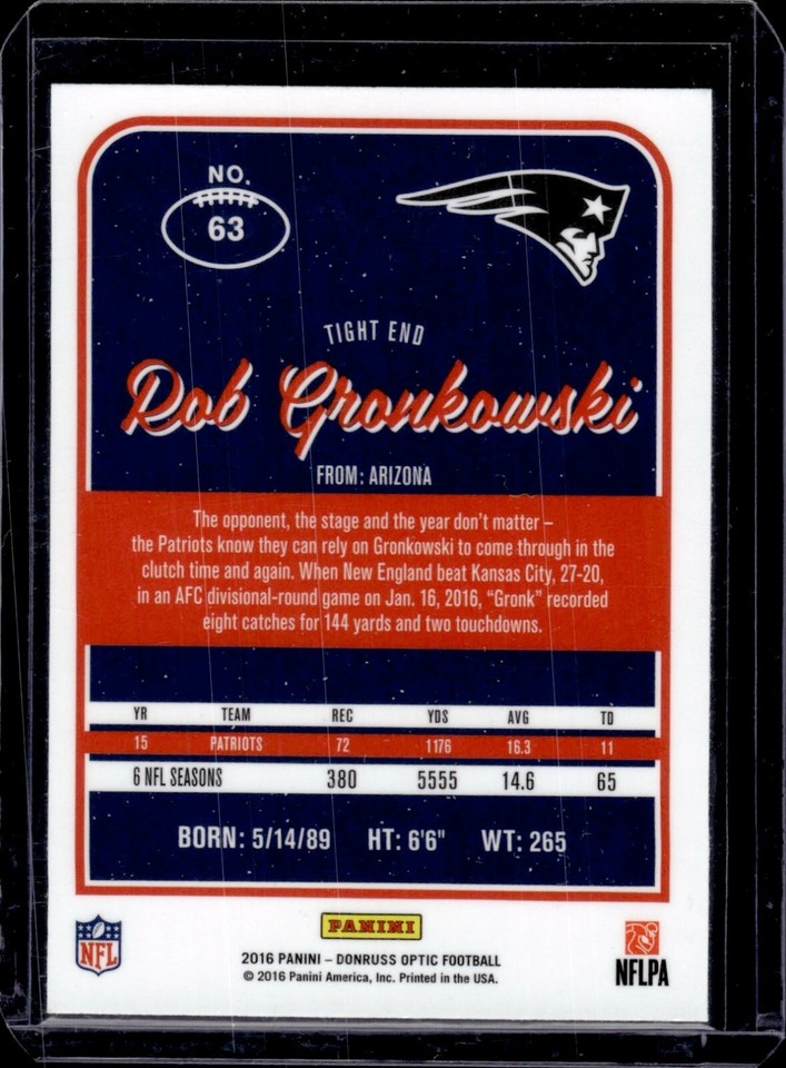2016 Panini Donruss Optic #63 ROB GRONKOWSKI Holo Silver 1st Year ...