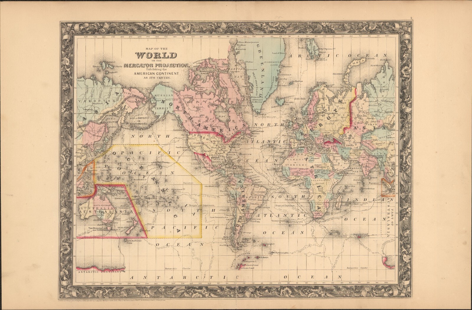 1860 World Mercator Projection Mitchell antique map 23.6" x 15.4" hand ...